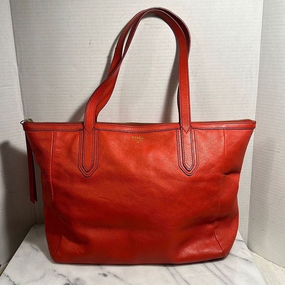 Fossil | Bags | Fossilsydney Shopper Real Red Pebble Leather Tote ...